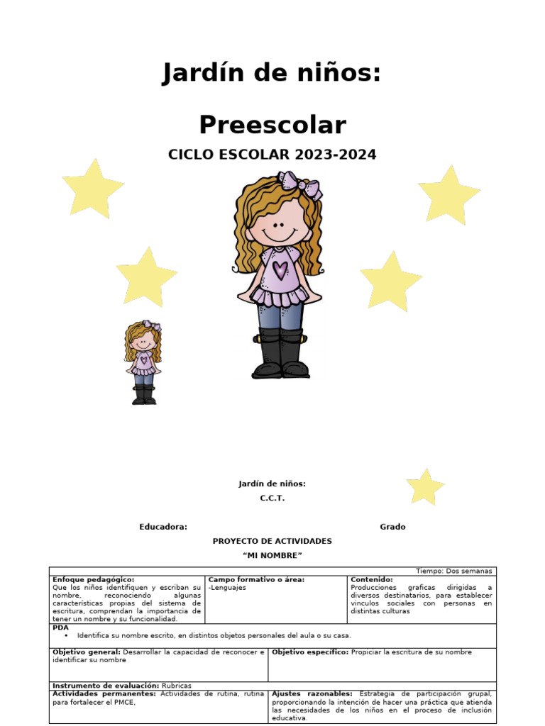 Proyecto de Actividades: Mi Nombre | PDF | Educación de la primera ...
