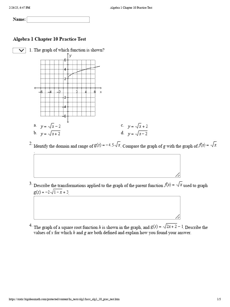 Algebra 1 Chapter 10 Practice Test | PDF | Function (Mathematics) | Algebra