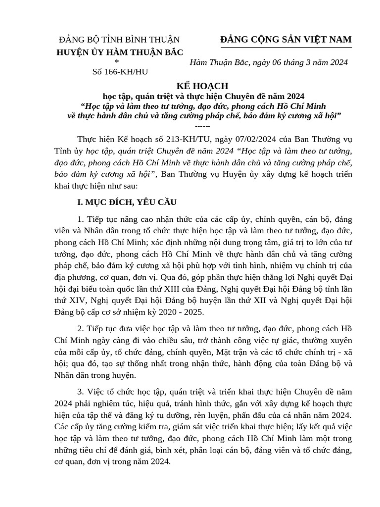 KH 166 thuc hien Chuyen de nam 2024 | PDF