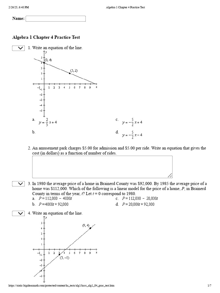Algebra 1 Chapter 4 Practice Test | PDF | Function (Mathematics) | Integer