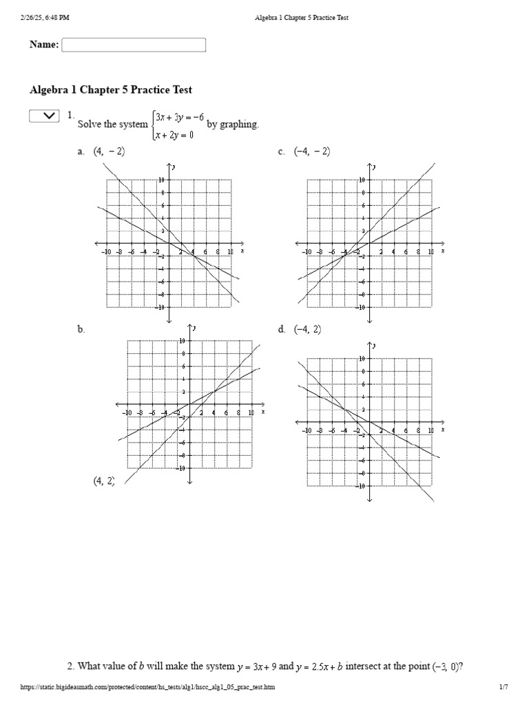 Algebra 1 Ch. 5 Practice Test | PDF | Equations | Algebra