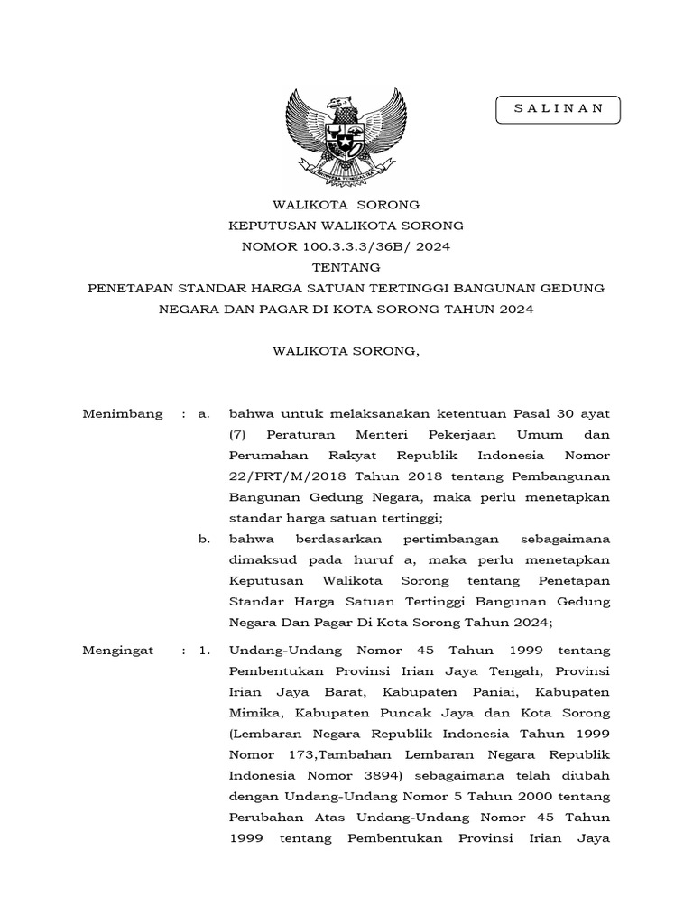 Salinan SK No. 36 B TTG Standarisasi Harga Satuan Bangunan Gedung Negara, Rumah Negara Dan Pagar ...