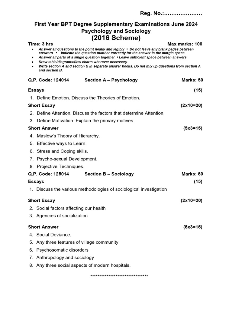 (2016 Scheme) : Reg. No.: First Year BPT Degree Supplementary ...