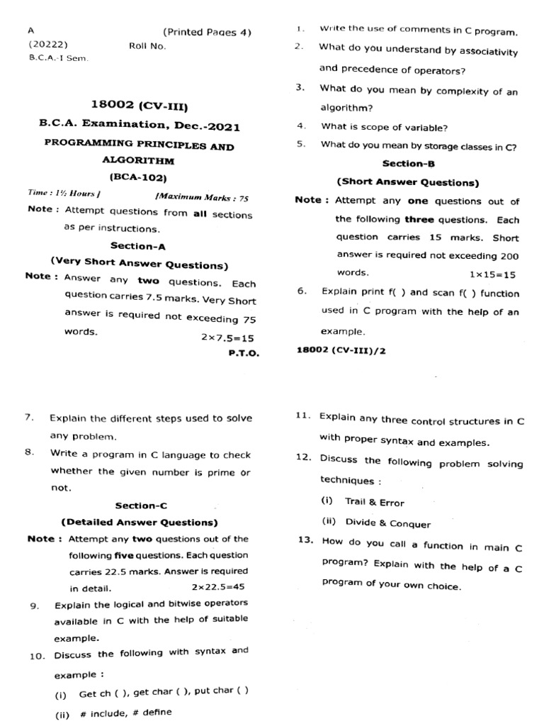 Bca 1 Sem Programming Principles and Algorithm 18002 CV 3 Dec 2021-1-1 | PDF