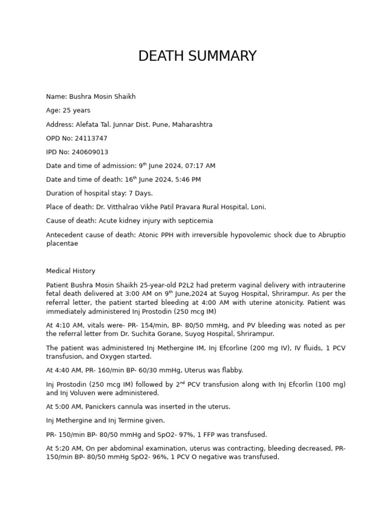 Bushra Mosin Shaikh Death Summary | PDF | Medical Specialties | Clinical Medicine