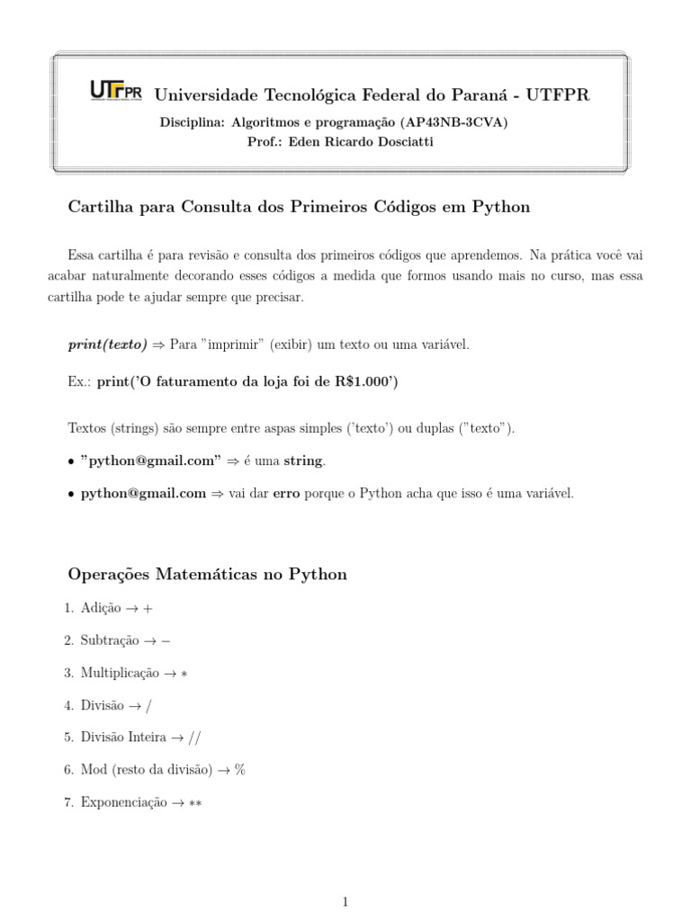 Primeiros Códigos em Python: Guia Prático | PDF | Variável (Ciência da ...