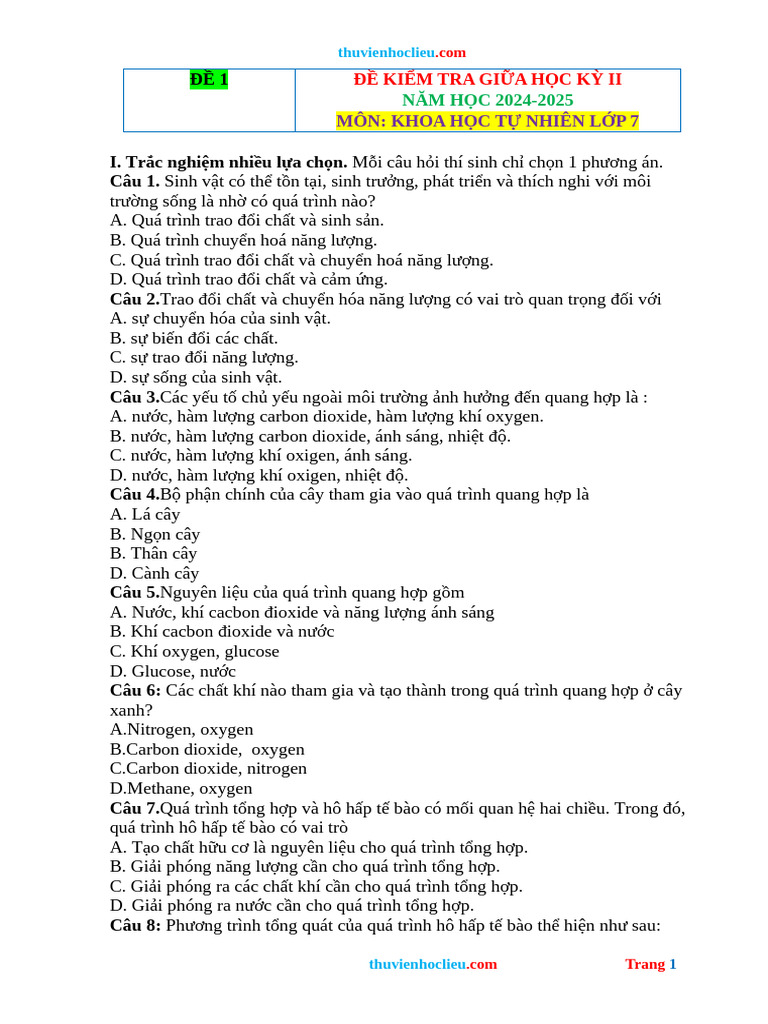 Thuvienhoclieu.com Bo 10 de Kiem Tra Giua HK2 KHTN 7 CTM 24 25 Co Dap an Ma Tran Dac Ta (1) | PDF