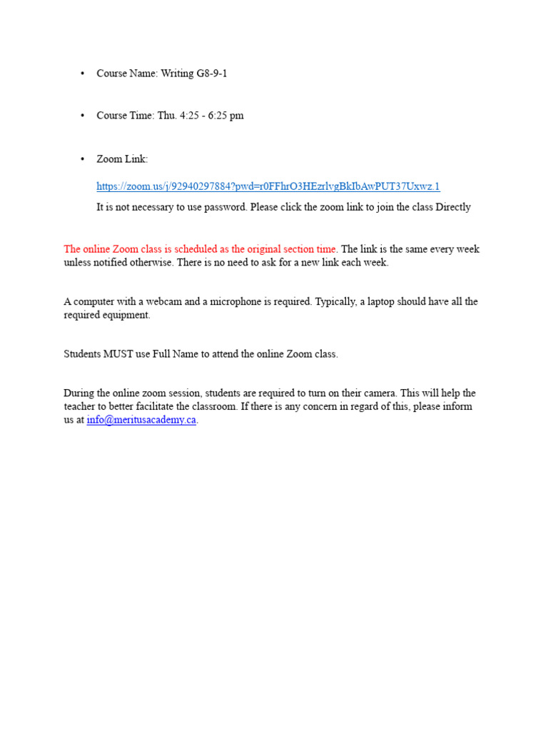 Zoom Class Details for Writing G8-9-1 | PDF