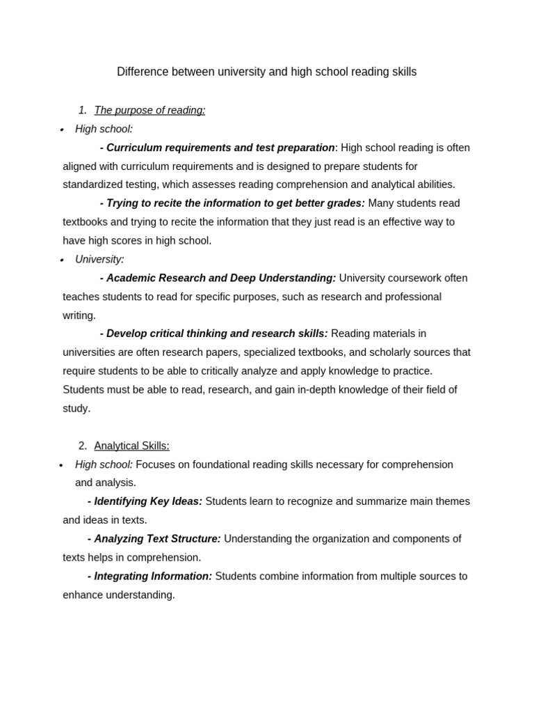 University vs. High School Reading Skills | PDF
