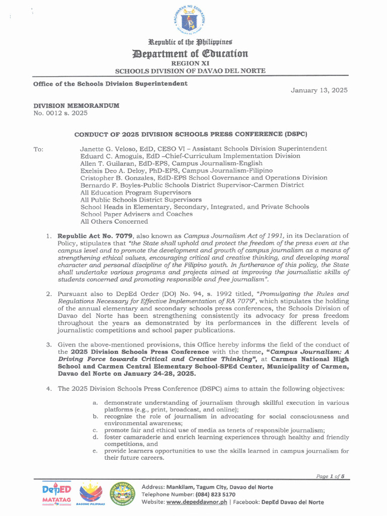 Dm 0012 s. 2025 Conduct of 2025 Division Schools Press Conference Dspc ...