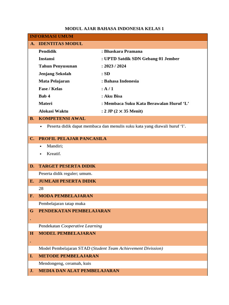 P3 S1 Modul Ajar Bahasa Indonesia Kelas 1 Bhaskara Pramana | PDF
