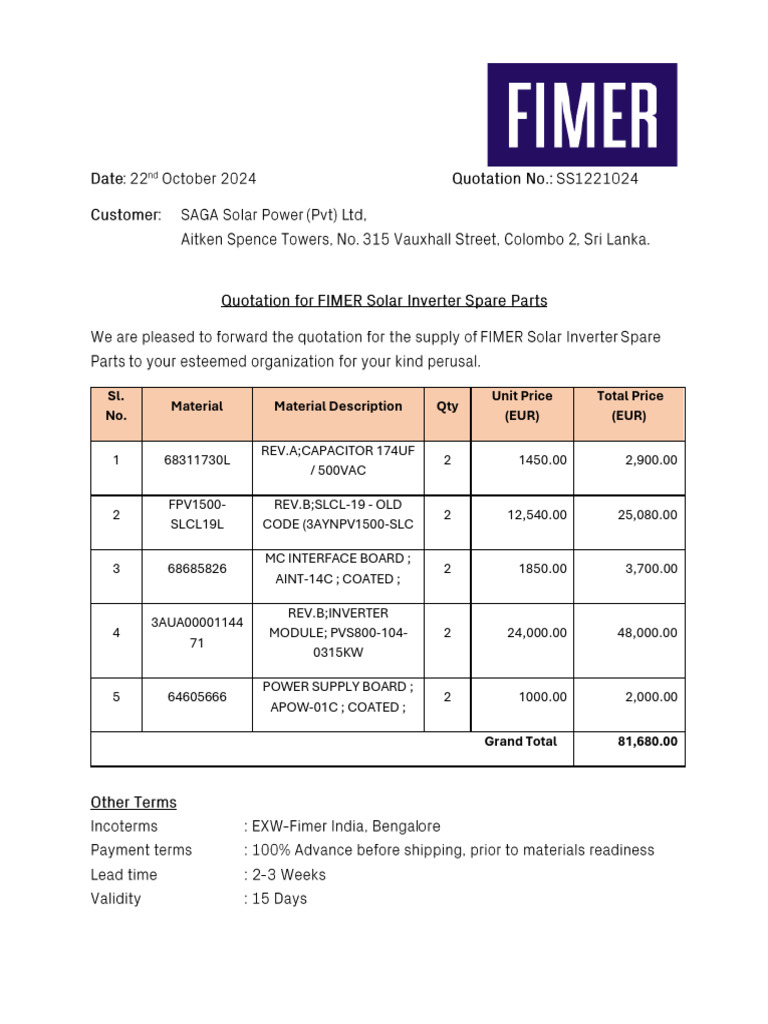 Quotation for Spare Parts | PDF