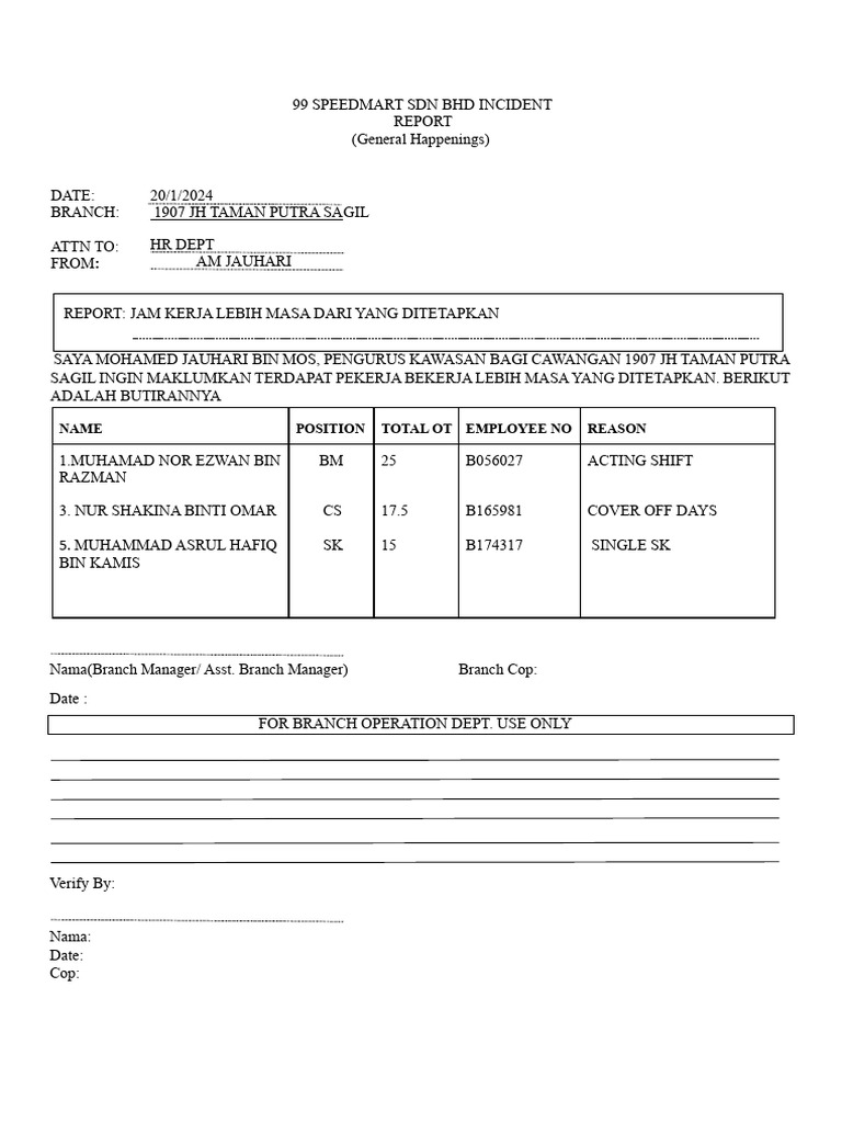 Contoh Insiden Report Lebih 13jam 1907 | PDF