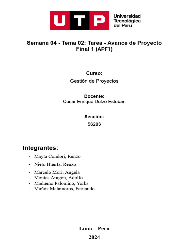 GRUPO 5 Semana 09 - Tema 04 - Tarea - Avance de Proyecto Final 1 (APF1) | PDF | Calidad ...