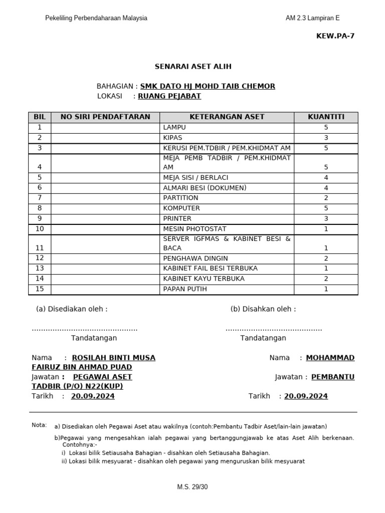 KEW - PA-7 (Senarai Aset Alih) | PDF
