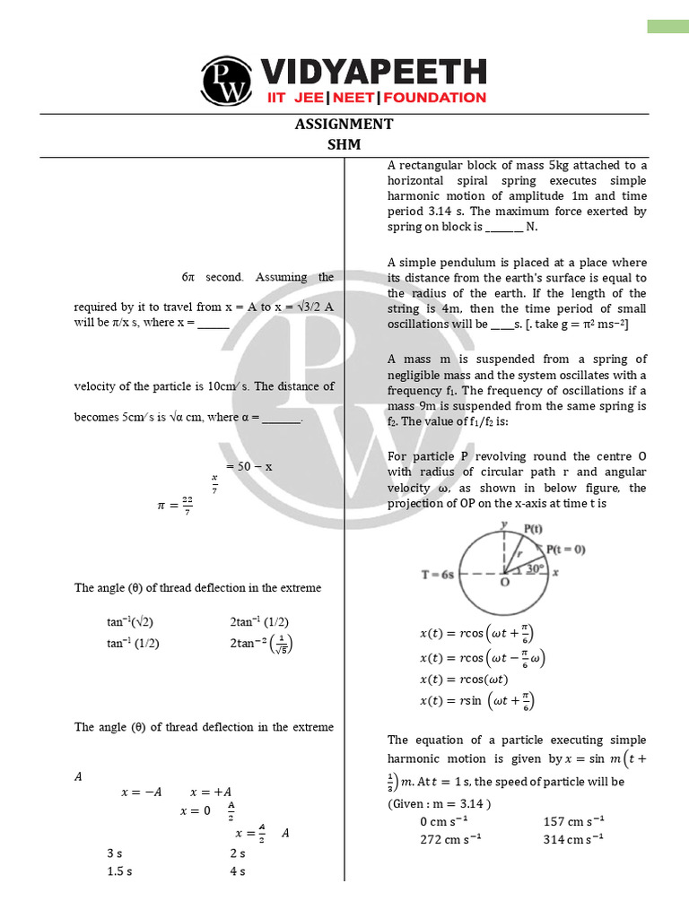SHM Problems and Solutions | PDF | Oscillation | Applied And ...