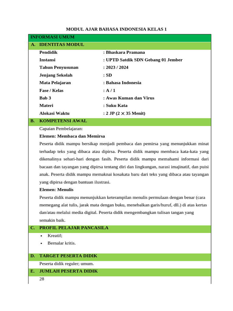 p2 s2 Modul Ajar Bahasa Indonesia Kelas 1 Bhaskara Pramana | PDF