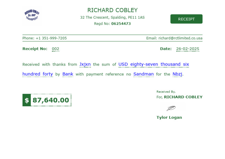Richard Cobley: JXJXN USD Eighty-Seven Thousand Six Hundred Forty Bank ...