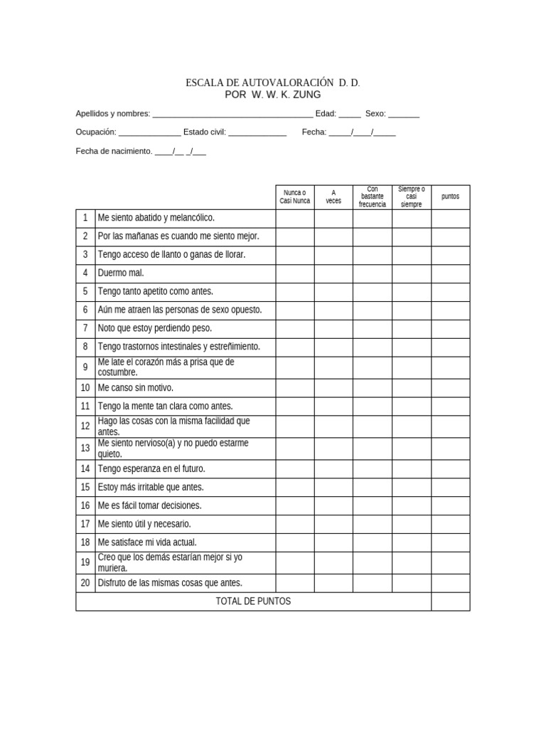 Escala de Depresión de Zung | PDF | Depresión (estado de ánimo) | Salud ...