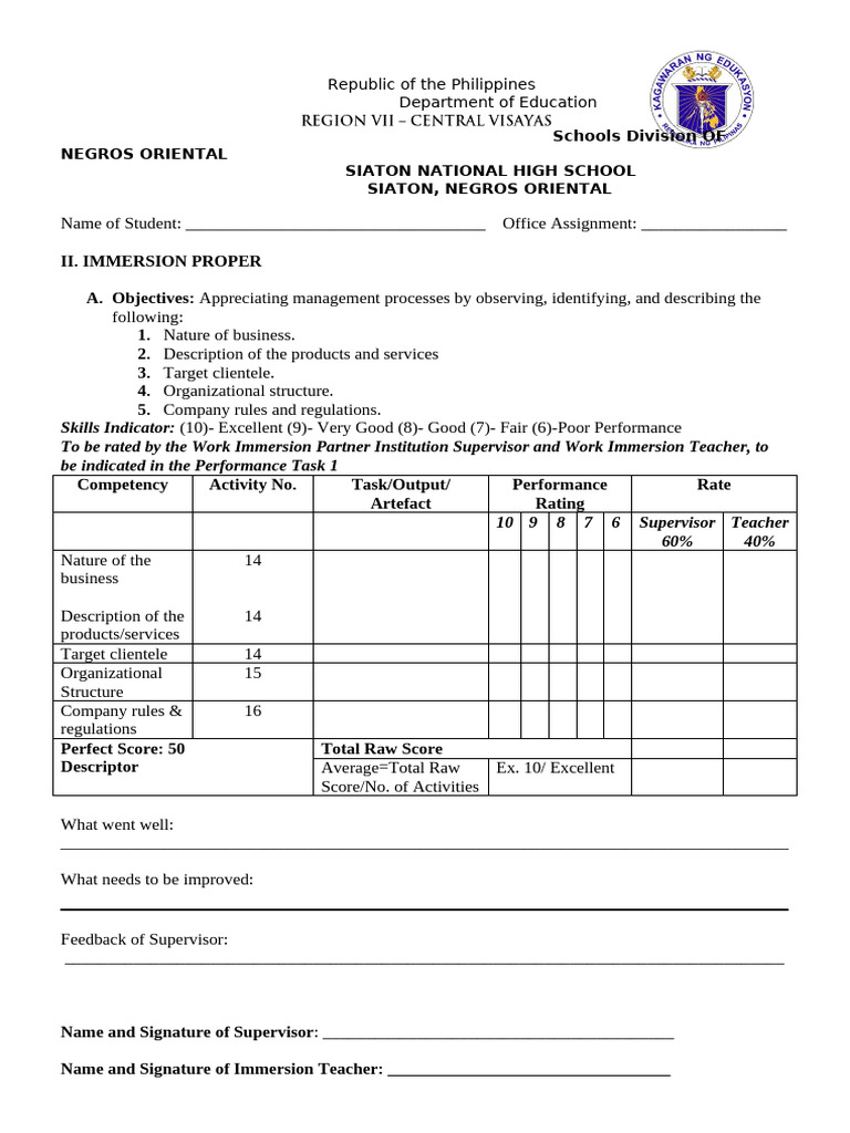 Work-Immersion-Rating Sheet | PDF | Business | Social Psychology