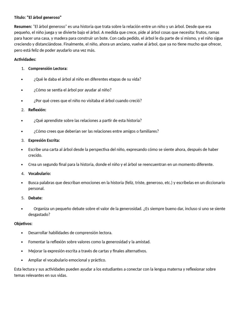El Arbol Generoso Lectura de Comprencion | PDF