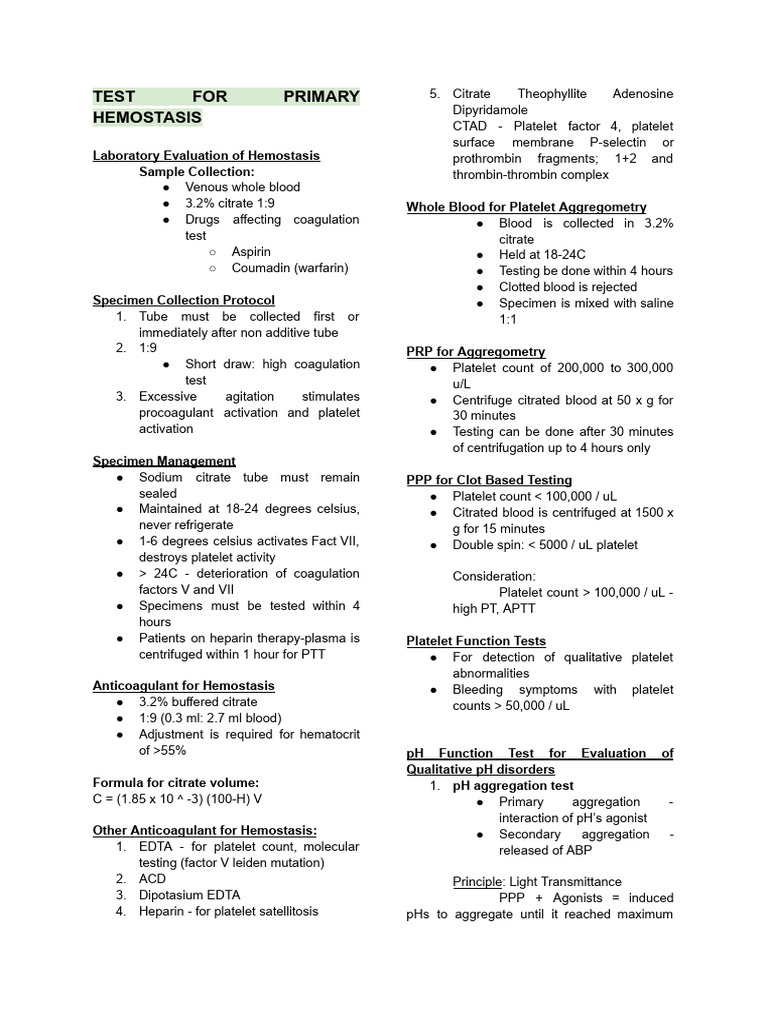 Test For Primary Hemostasis | PDF | Platelet | Coagulation