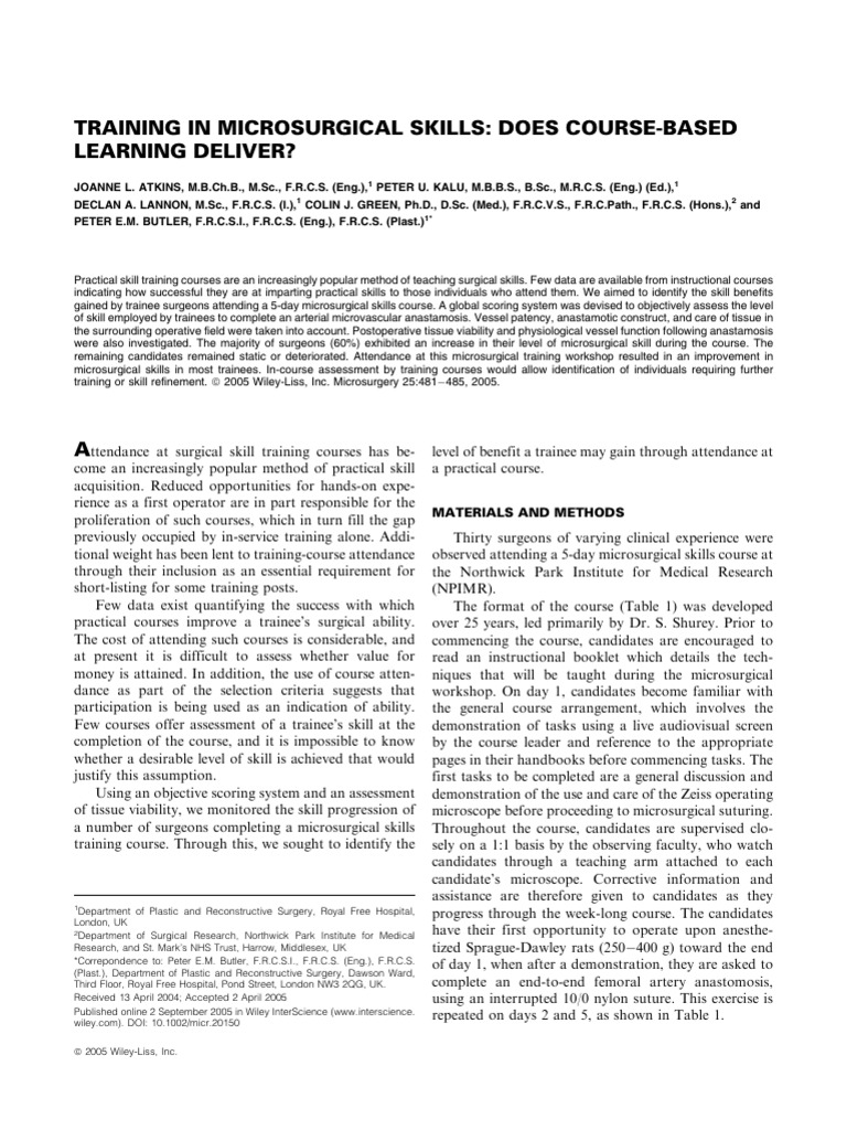 Microsurgery - 2005 - Atkins - Training in Microsurgical Skills Assessing Microsurgery Training ...
