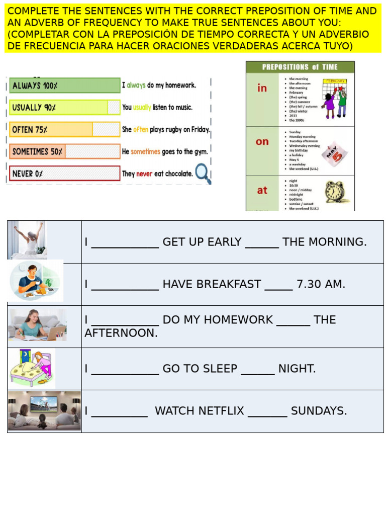 Prepositions and Frequency Adverbs Exercise | PDF