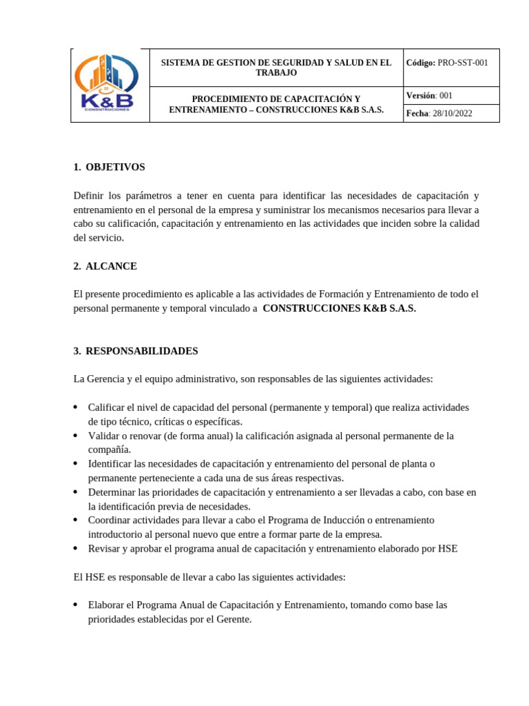 PR-SST-001 Procedimiento de Capacitacion y Entrenamiento | PDF