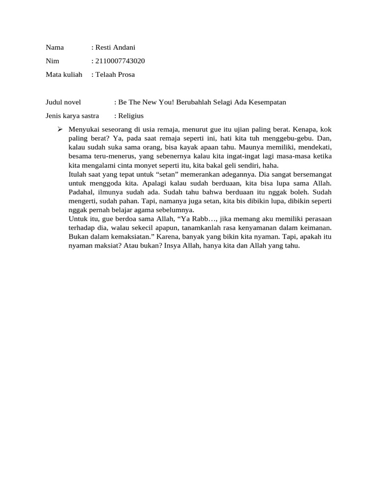 Analisis Karya Sastra Novel Resti | PDF