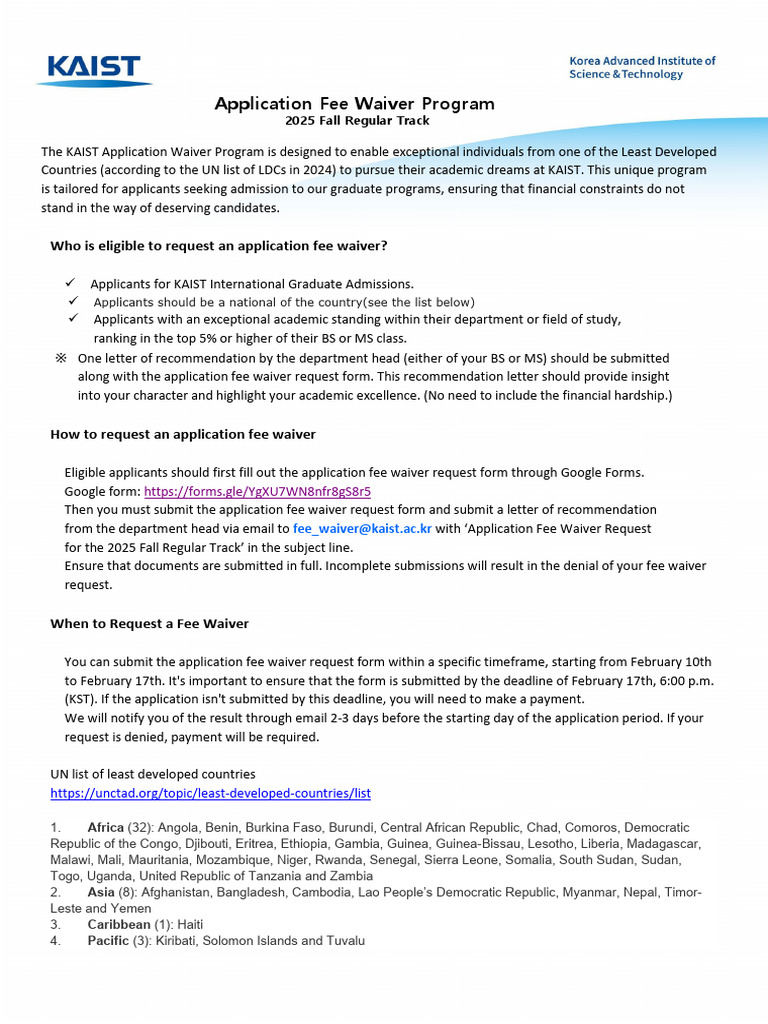 KAIST Application Fee Waiver 2025 | PDF