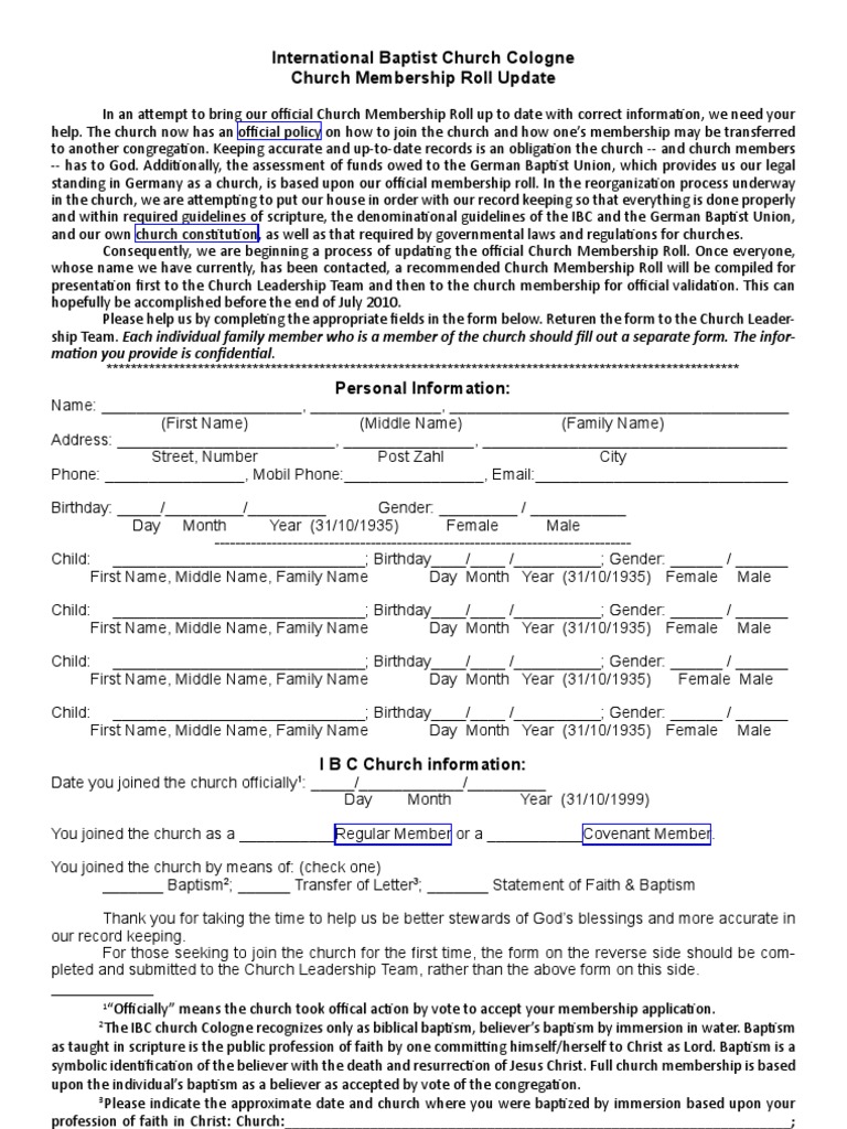 Church Membership Roll Update | PDF | Baptism | Baptists