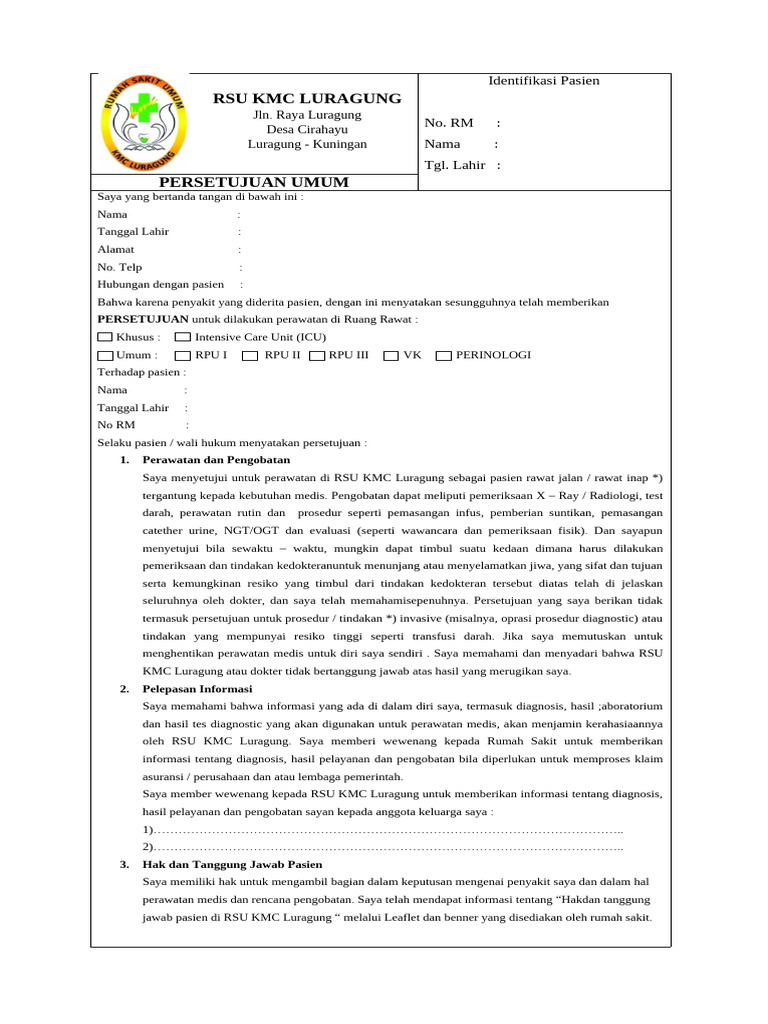 Persetujuan Perawatan RSU KMC Luragung | PDF