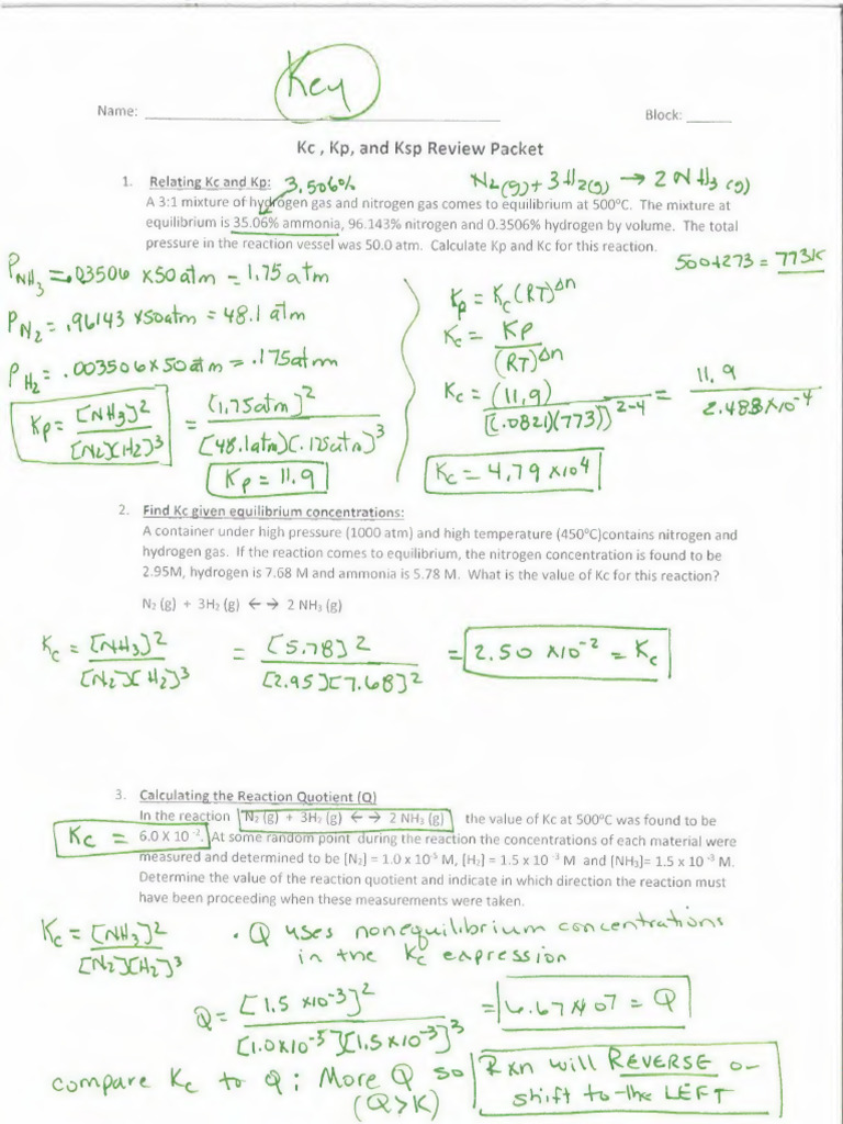 KEY - Kc,Kp and Ksp Review Packet (1) | PDF | Chemical Equilibrium ...