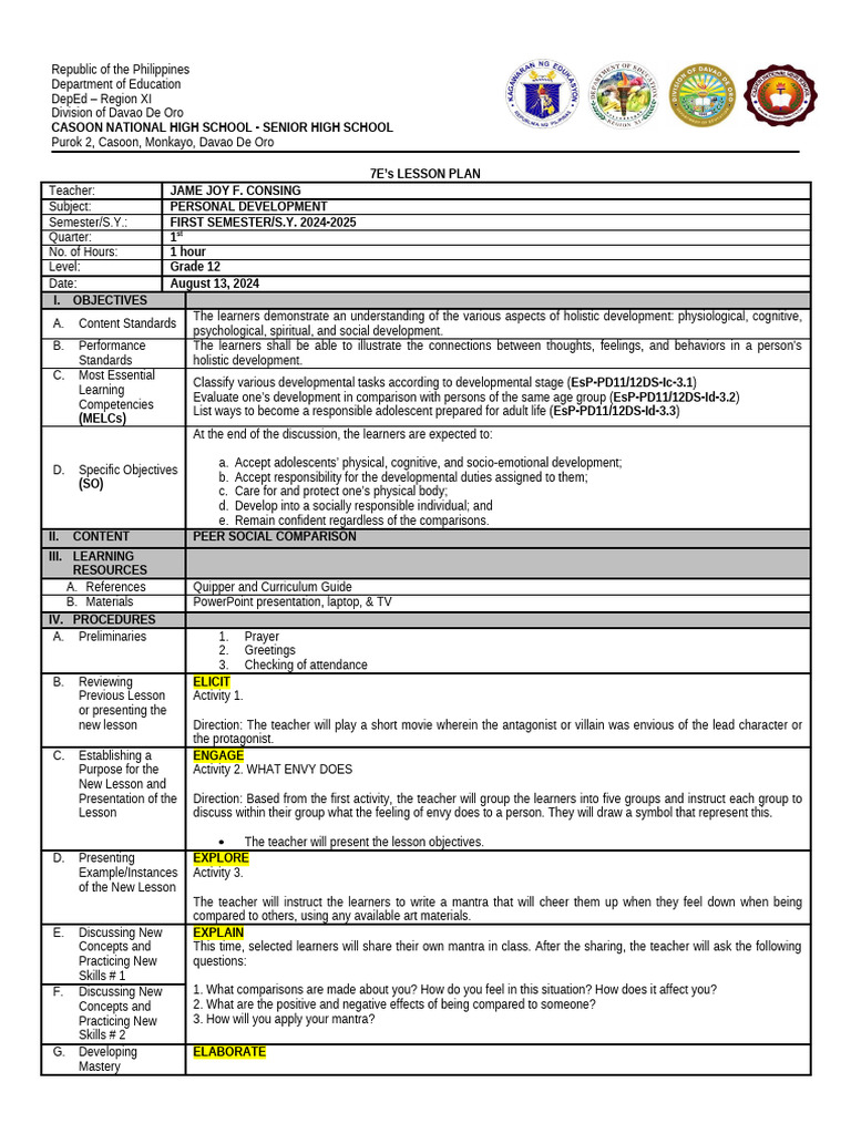 Lesson Plan Week 3 Day 2 - Perdev 12 | PDF | Envy | Adolescence