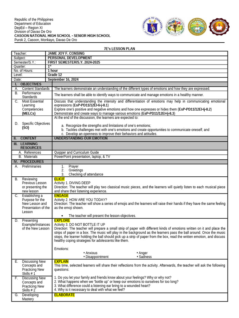 Lesson Plan Week 8 Day 1 - Perdev 12 | PDF | Emotions | Learning