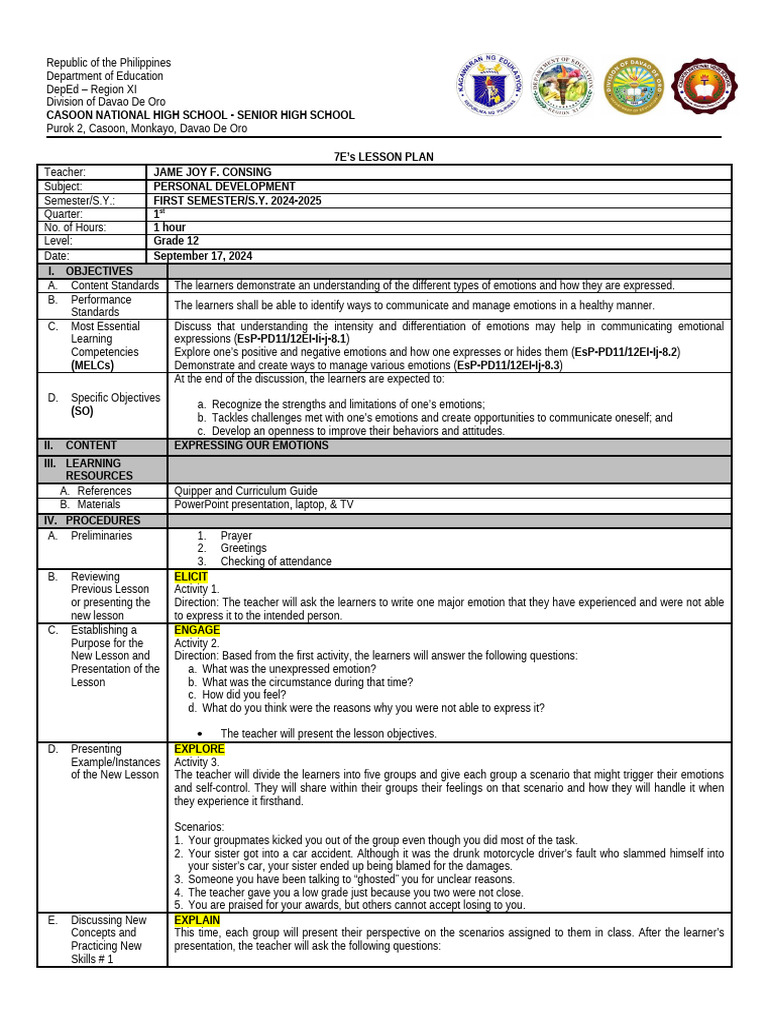 Lesson Plan Week 8 Day 2 - Perdev 12 | PDF | Learning | Emotions