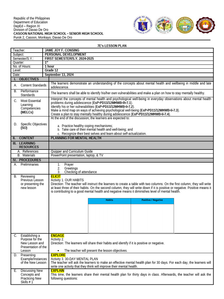 Grade 12 Mental Health Lesson Plan | PDF | Mental Health | Learning