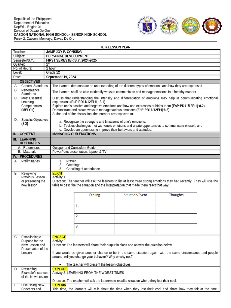 Lesson Plan Week 8 Day 3 - Perdev 12 | PDF | Learning | Emotions