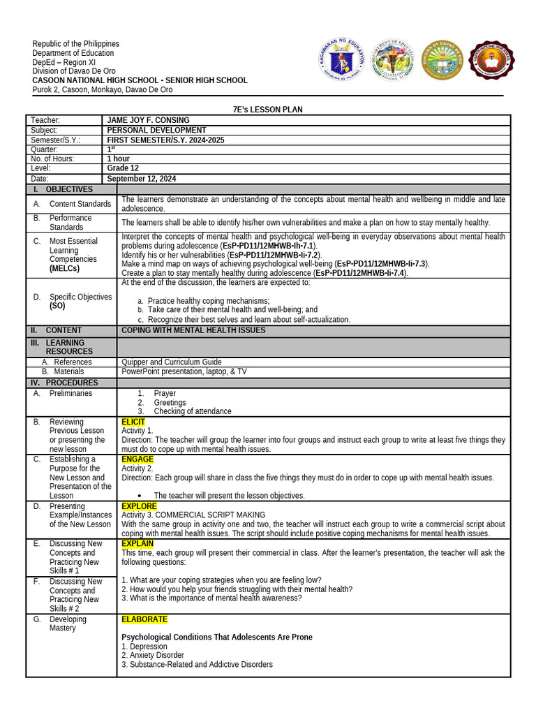 Lesson Plan Week 7 Day 3 - Perdev 12 | PDF | Mental Health | Psychology