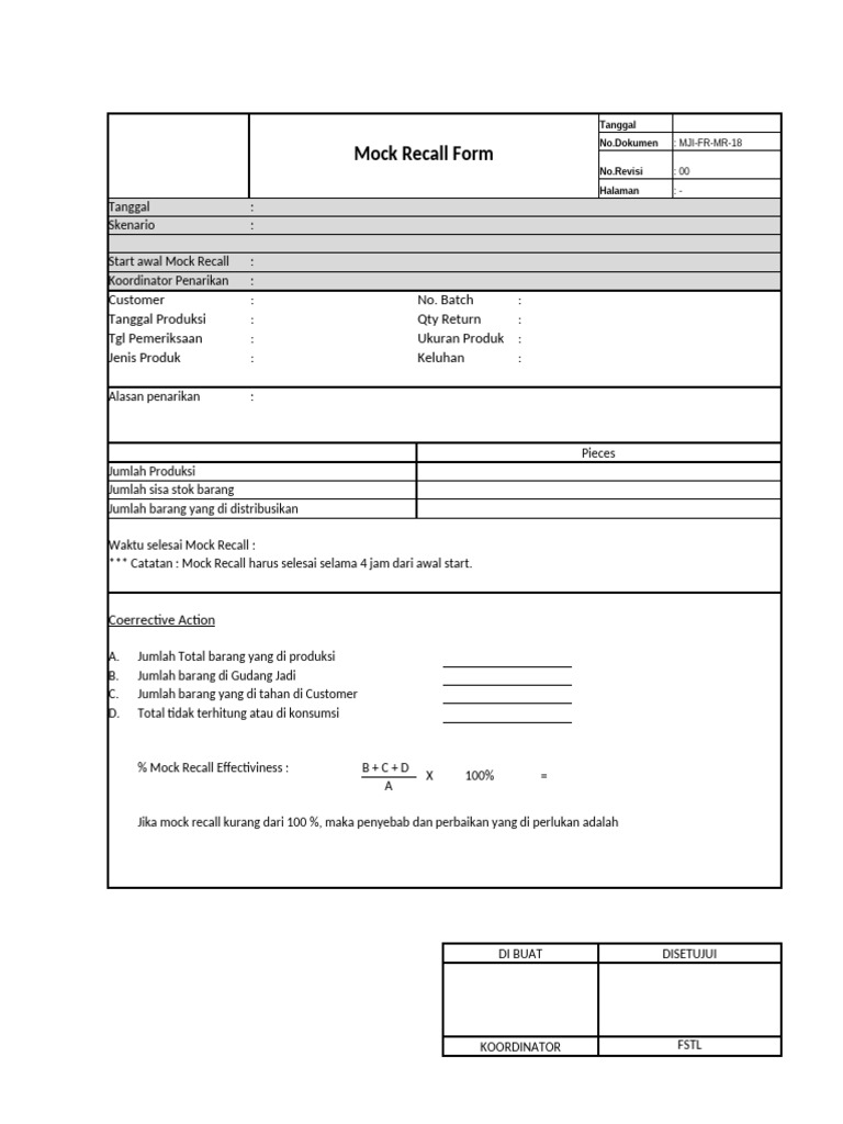 Formulir Mock Recall Produk | PDF