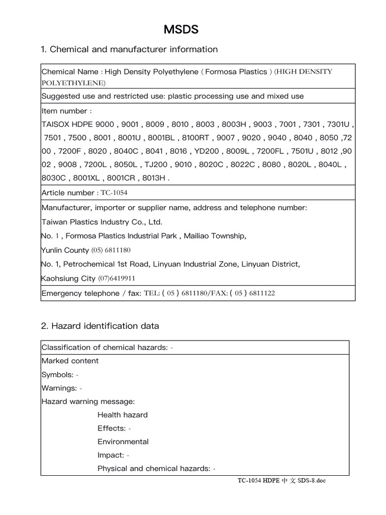 MSDS PE EN | PDF | Smoke | Polyethylene
