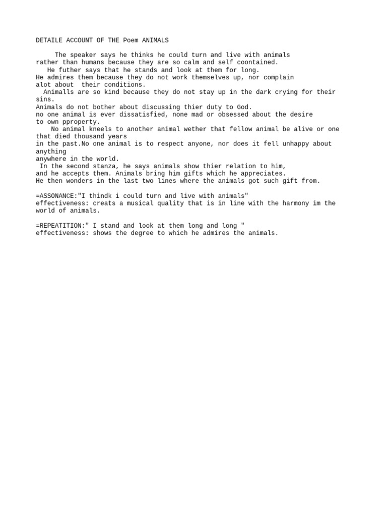 Analysis of the Poem "Animals" | PDF