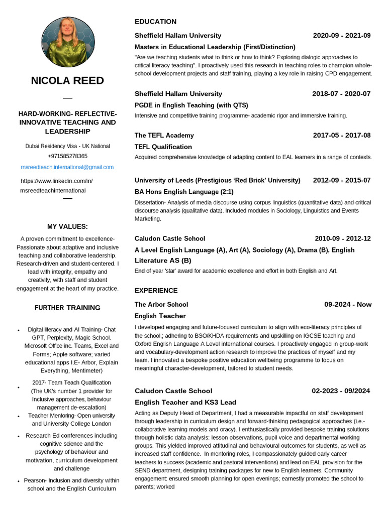 Nicola Reed Teaching CV 4.1.25 | PDF | Teachers | English As A Second ...
