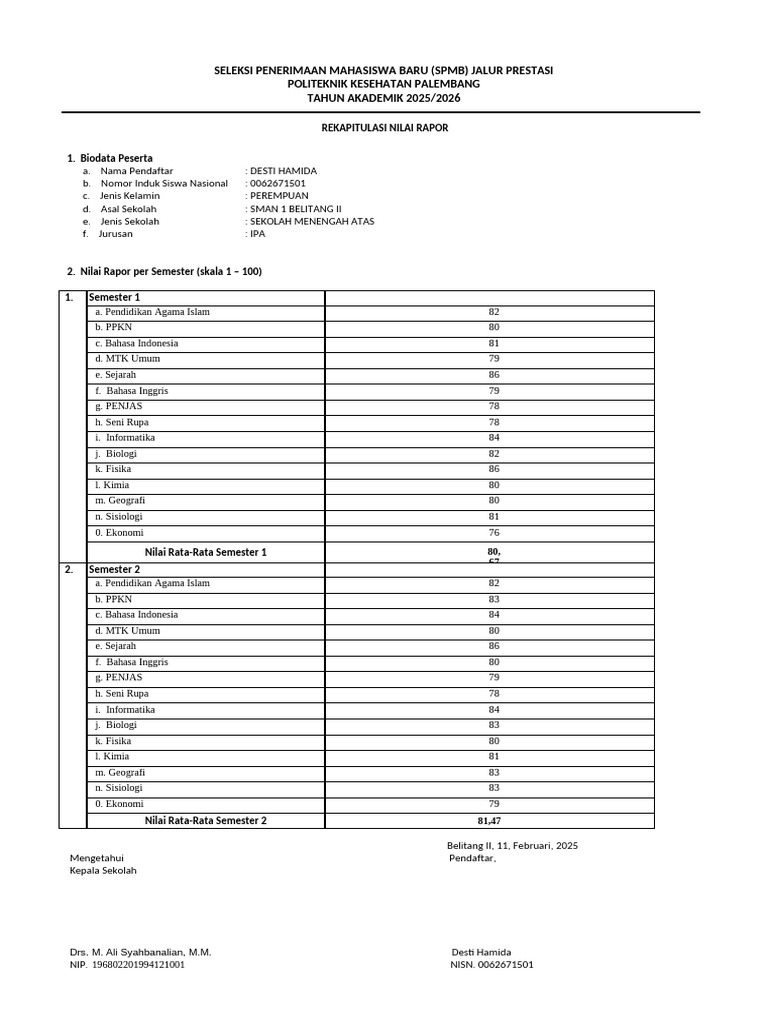 Rekap Nilai Rapor SPMB 2025/2026 | PDF