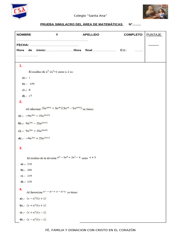 EXAMEN SIMULACRO 1 Matemáticas | PDF
