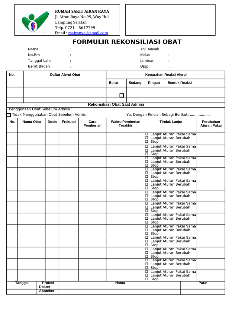 Formulir Rekonsiliasi Obat Rumah Sakit | PDF
