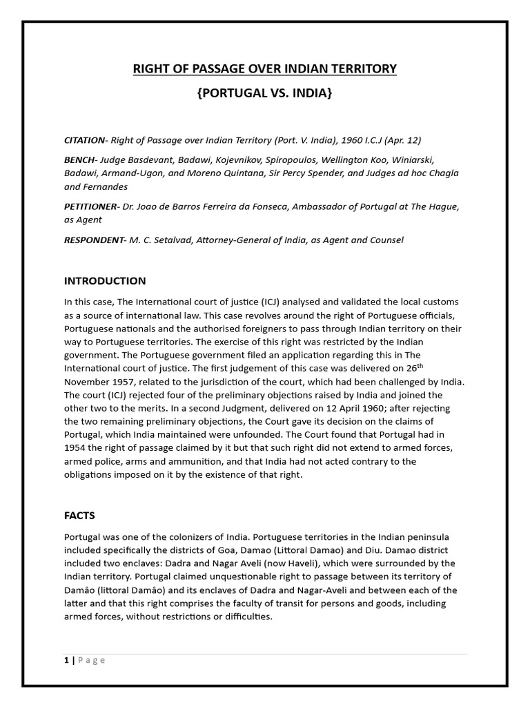 Right of Passage: Portugal v. India | PDF | Jurisdiction | Treaty