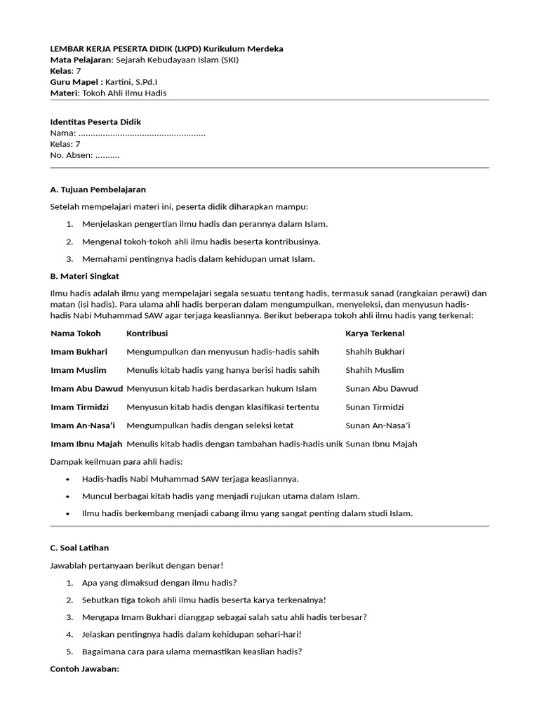 LKPD-Tokoh Ahli Ilmu Hadis | PDF