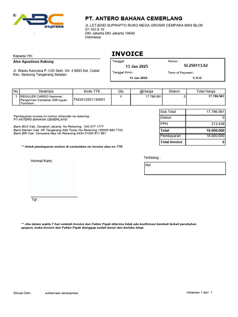 Invoice Pengiriman Cargo Nasional 2025 | PDF